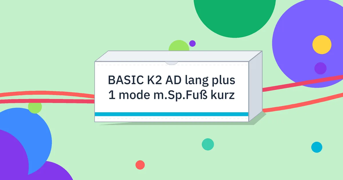 Symbolbild: Packung mit der Aufschrift BASIC K2 AD lang plus 1 mode m.Sp.Fuß kurz (PZN 20263730) – Verfügbarkeit und Bezug in Apotheken in Frankfurt am Main