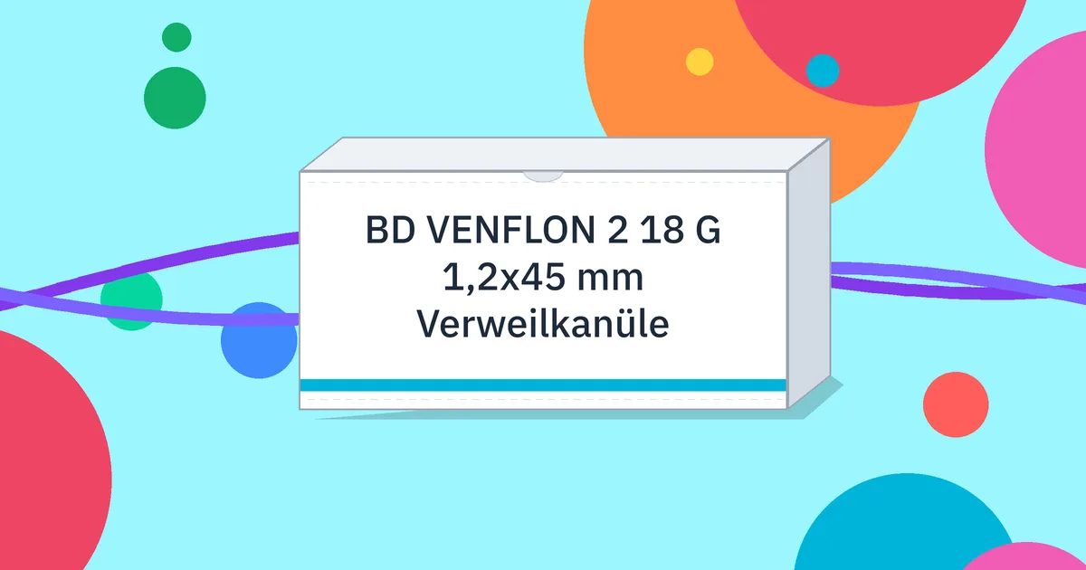 Symbolbild: Packung mit der Aufschrift BD VENFLON 2 18 G 1,2x45 mm Verweilkanüle (PZN 20046145) – Verfügbarkeit und Bezug in Apotheken in Frankfurt am Main