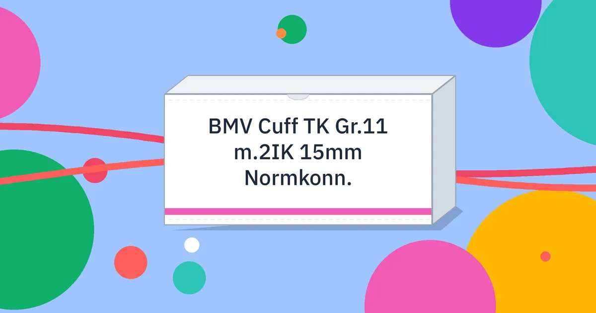 Symbolbild: Packung mit der Aufschrift BMV Cuff TK Gr.11 m.2IK 15mm Normkonn. (PZN 18382918) – Verfügbarkeit und Bezug in Apotheken in Frankfurt am Main