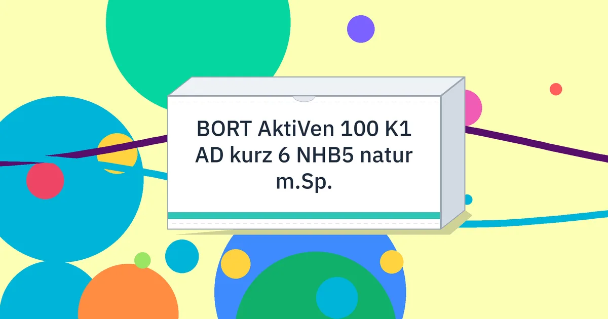 Symbolbild: Packung mit der Aufschrift BORT AktiVen 100 K1 AD kurz 6 NHB5 natur m.Sp. (PZN 17493751) – Verfügbarkeit und Bezug in Apotheken in Frankfurt am Main