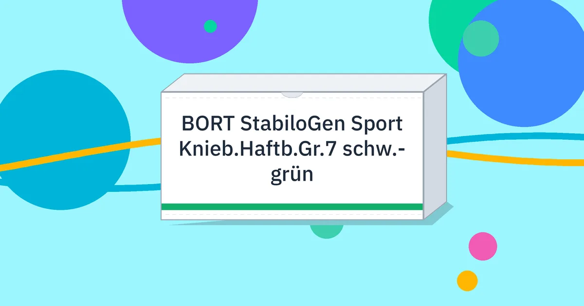 Symbolbild: Packung mit der Aufschrift BORT StabiloGen Sport Knieb.Haftb.Gr.7 schw.-grün (PZN 19111363) – Verfügbarkeit und Bezug in Apotheken in Frankfurt am Main