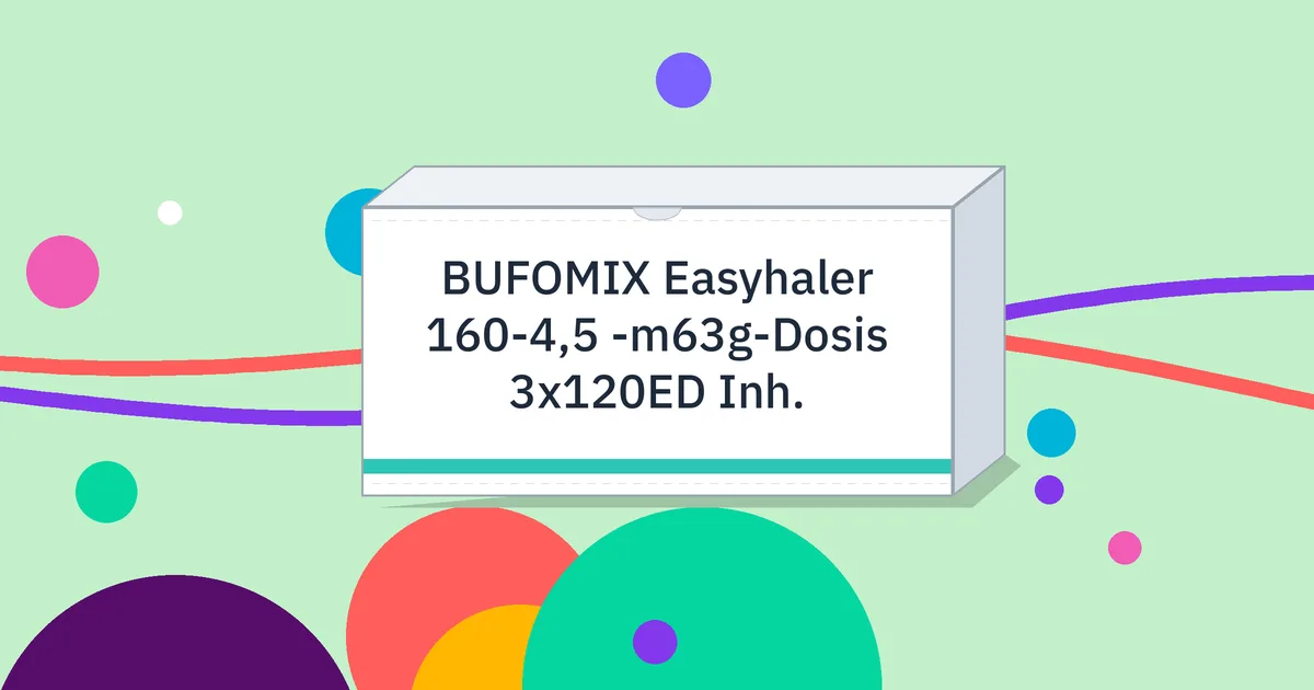 Symbolbild: Packung mit der Aufschrift BUFOMIX Easyhaler 160-4,5 -m63g-Dosis 3x120ED Inh. (PZN 17843872) – Verfügbarkeit und Bezug in Apotheken in Frankfurt am Main