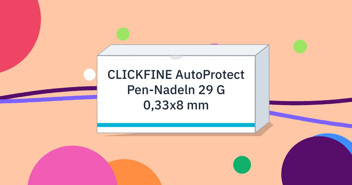 Symbolbild: Packung mit der Aufschrift CLICKFINE AutoProtect Pen-Nadeln 29 G 0,33x8 mm (PZN 19527477) – Verfügbarkeit und Bezug in Apotheken in Frankfurt am Main