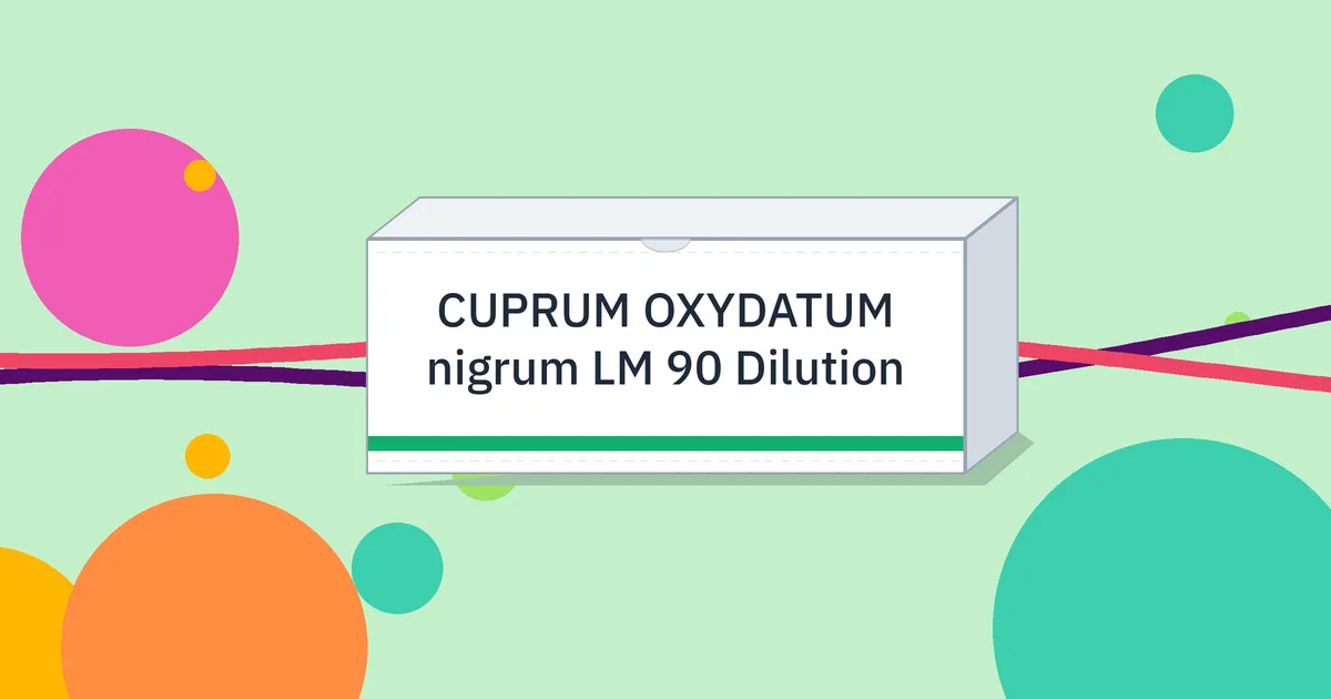 Symbolbild: Packung mit der Aufschrift CUPRUM OXYDATUM nigrum LM 90 Dilution (PZN 13458930) – Verfügbarkeit und Bezug in Apotheken in Frankfurt am Main
