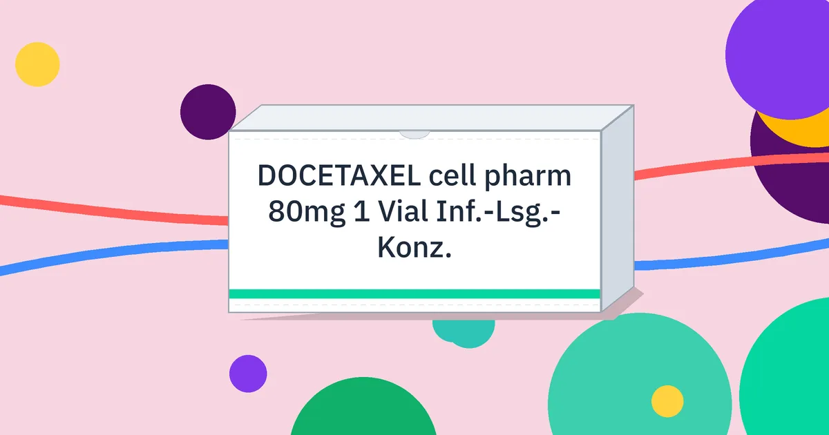 Symbolbild: Packung mit der Aufschrift DOCETAXEL cell pharm 80mg 1 Vial Inf.-Lsg.-Konz. (PZN 07417855) – Verfügbarkeit und Bezug in Apotheken in Frankfurt am Main