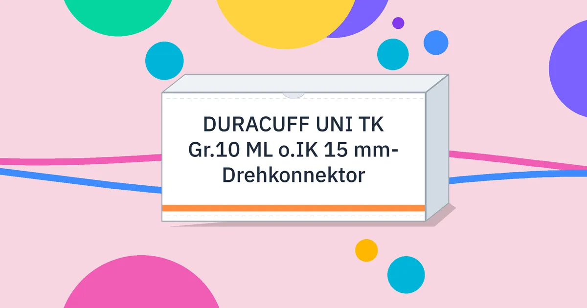 Symbolbild: Packung mit der Aufschrift DURACUFF UNI TK Gr.10 ML o.IK 15 mm-Drehkonnektor (PZN 04960984) – Verfügbarkeit und Bezug in Apotheken in Frankfurt am Main