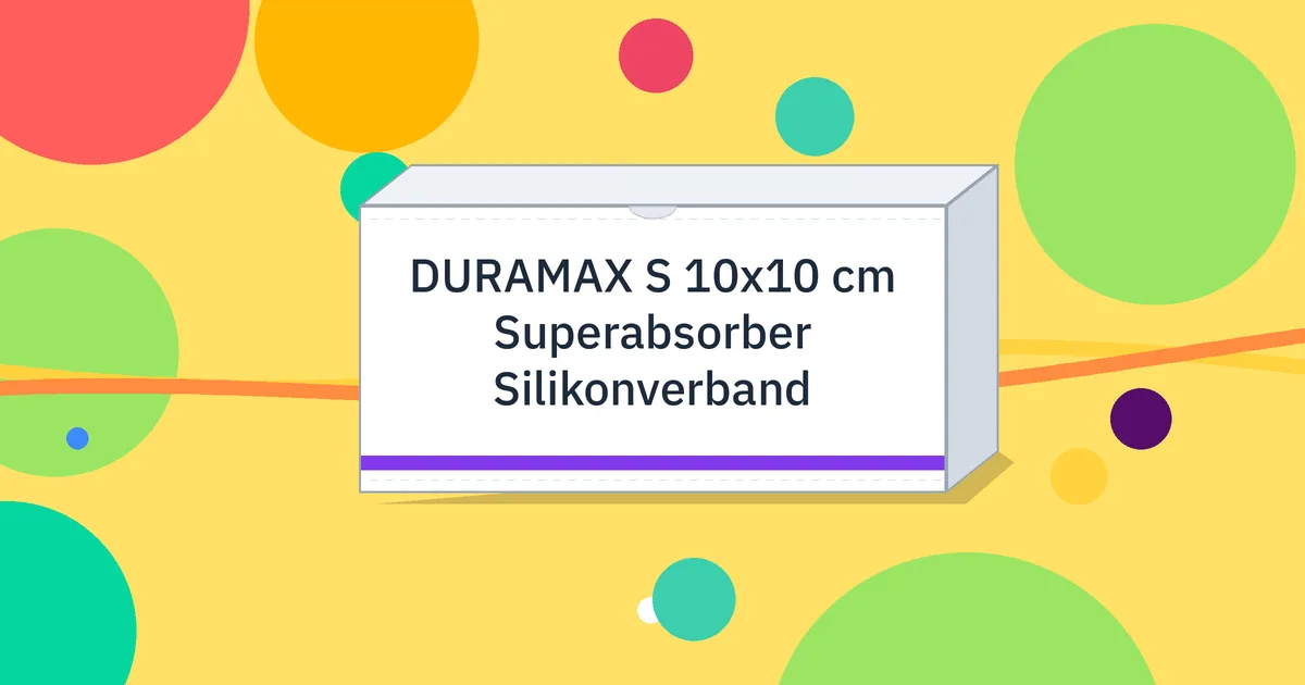 Symbolbild: Packung mit der Aufschrift DURAMAX S 10x10 cm Superabsorber Silikonverband (PZN 19151084) – Verfügbarkeit und Bezug in Apotheken in Frankfurt am Main