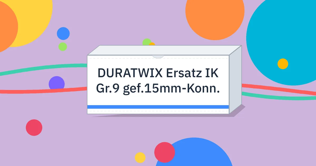Symbolbild: Packung mit der Aufschrift DURATWIX Ersatz IK Gr.9 gef.15mm-Konn. (PZN 06990676) – Verfügbarkeit und Bezug in Apotheken in Frankfurt am Main