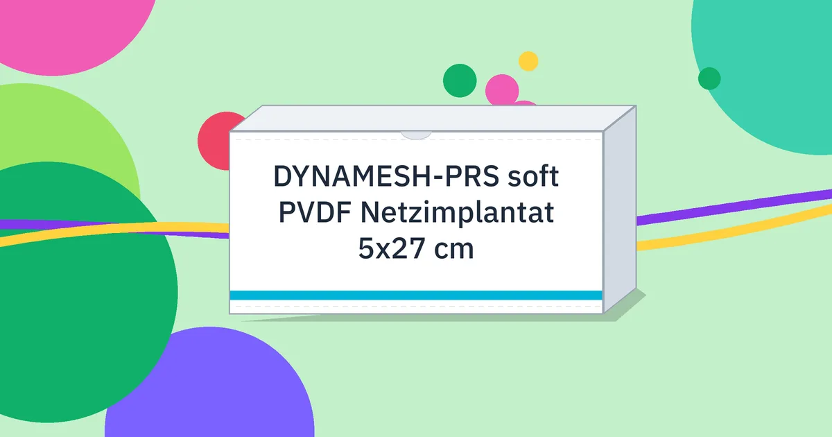 Symbolbild: Packung mit der Aufschrift DYNAMESH-PRS soft PVDF Netzimplantat 5x27 cm (PZN 19389992) – Verfügbarkeit und Bezug in Apotheken in Frankfurt am Main