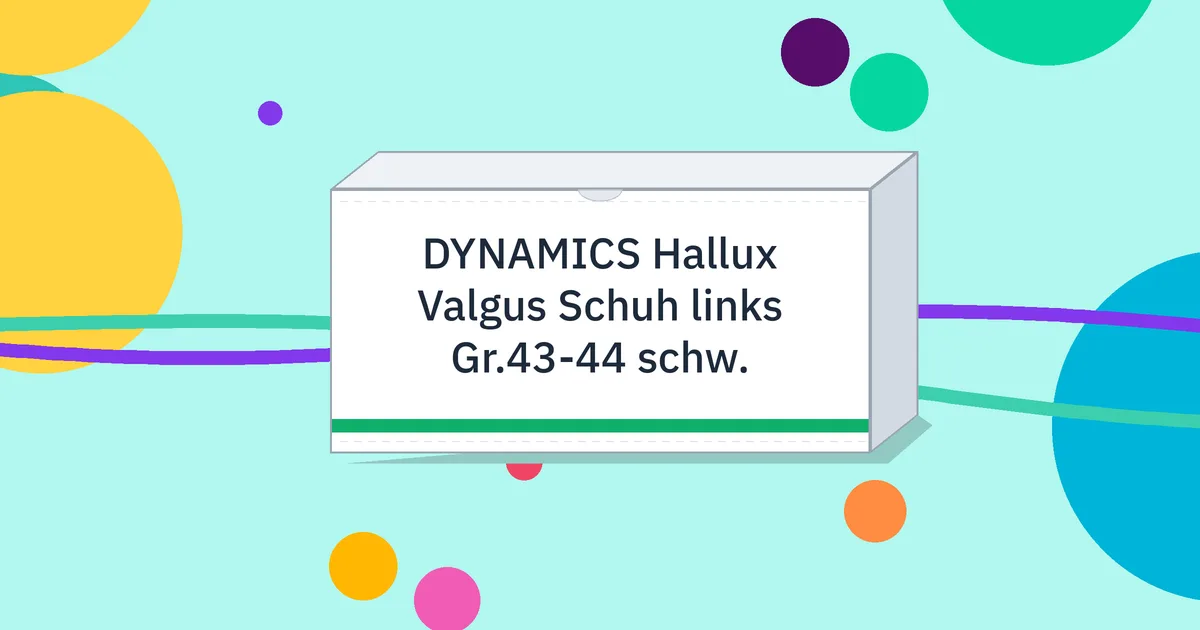 Symbolbild: Packung mit der Aufschrift DYNAMICS Hallux Valgus Schuh links Gr.43-44 schw. (PZN 10632681) – Verfügbarkeit und Bezug in Apotheken in Frankfurt am Main