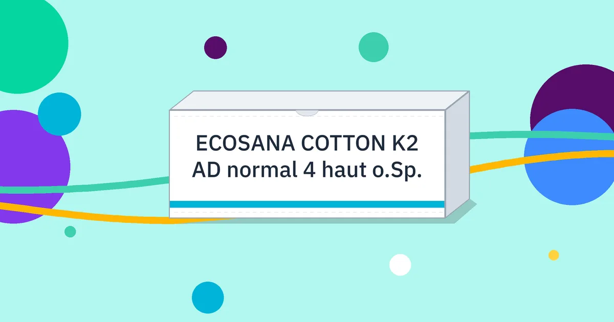 Symbolbild: Packung mit der Aufschrift ECOSANA COTTON K2 AD normal 4 haut o.Sp. (PZN 16947859) – Verfügbarkeit und Bezug in Apotheken in Frankfurt am Main