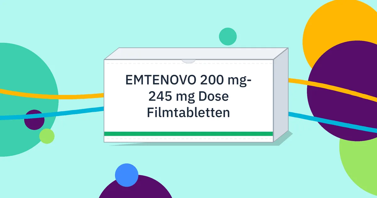 Symbolbild: Packung mit der Aufschrift EMTENOVO 200 mg-245 mg Dose Filmtabletten (PZN 13198392) – Verfügbarkeit und Bezug in Apotheken in Frankfurt am Main