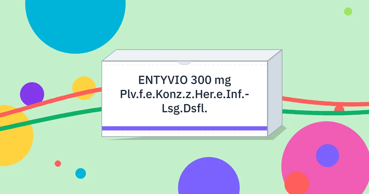 Symbolbild: Packung mit der Aufschrift ENTYVIO 300 mg Plv.f.e.Konz.z.Her.e.Inf.-Lsg.Dsfl. (PZN 19761032) – Verfügbarkeit und Bezug in Apotheken in Frankfurt am Main