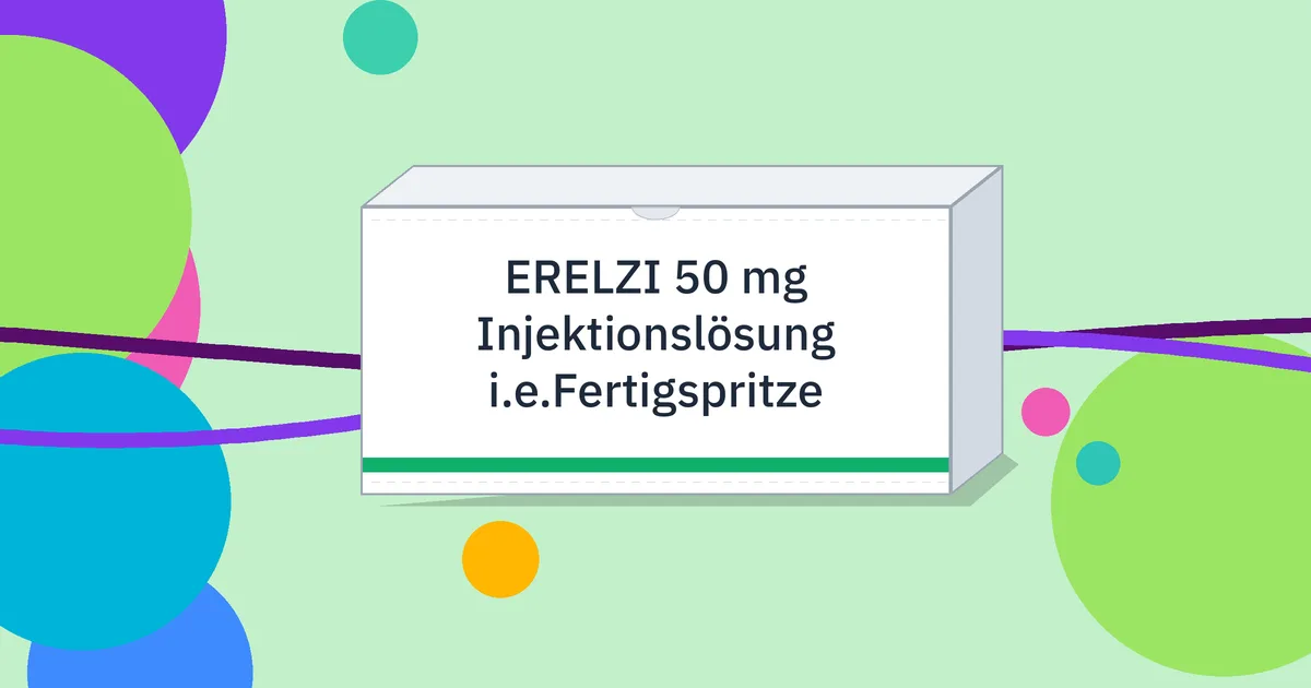 Symbolbild: Packung mit der Aufschrift ERELZI 50 mg Injektionslösung i.e.Fertigspritze (PZN 16798750) – Verfügbarkeit und Bezug in Apotheken in Frankfurt am Main
