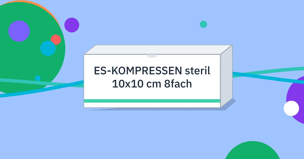 Symbolbild: Packung mit der Aufschrift ES-KOMPRESSEN steril 10x10 cm 8fach (PZN 04721015) – Verfügbarkeit und Bezug in Apotheken in Frankfurt am Main