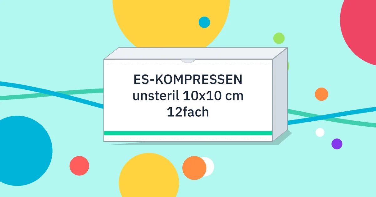 Symbolbild: Packung mit der Aufschrift ES-KOMPRESSEN unsteril 10x10 cm 12fach (PZN 18427756) – Verfügbarkeit und Bezug in Apotheken in Frankfurt am Main