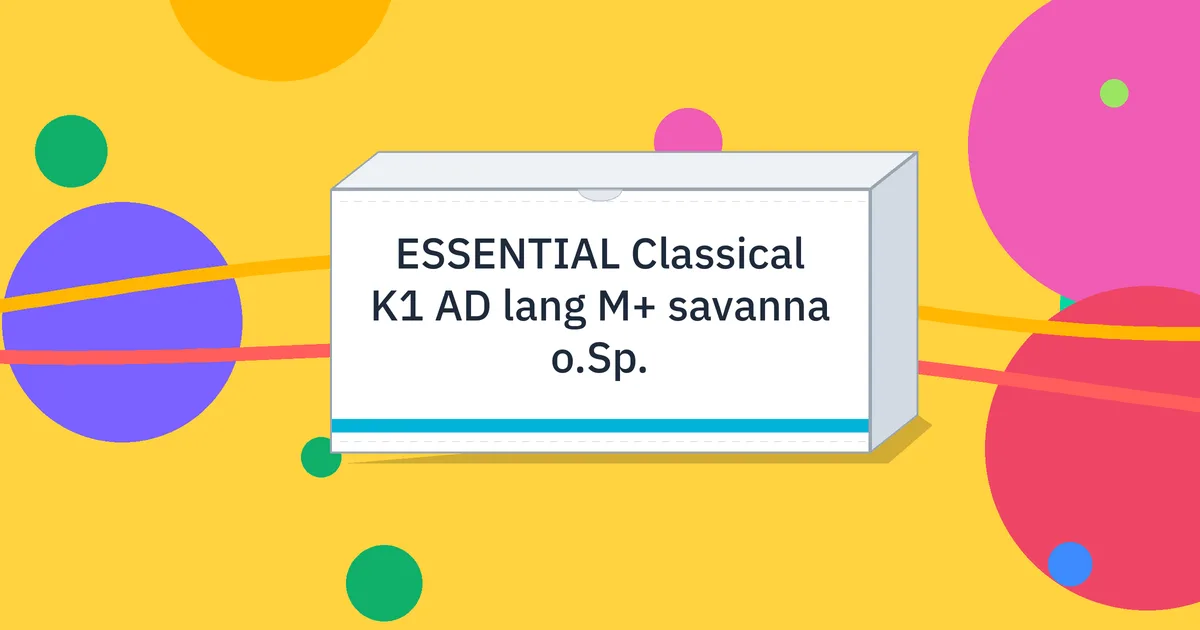 Symbolbild: Packung mit der Aufschrift ESSENTIAL Classical K1 AD lang M+ savanna o.Sp. (PZN 17003907) – Verfügbarkeit und Bezug in Apotheken in Frankfurt am Main
