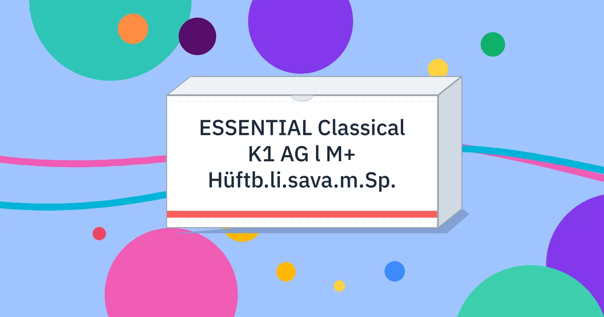 Symbolbild: Packung mit der Aufschrift ESSENTIAL Classical K1 AG l M+ Hüftb.li.sava.m.Sp. (PZN 17012786) – Verfügbarkeit und Bezug in Apotheken in Frankfurt am Main