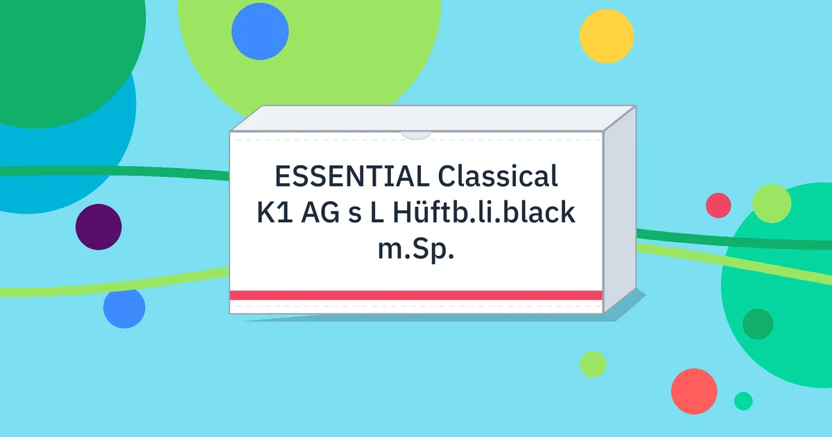 Symbolbild: Packung mit der Aufschrift ESSENTIAL Classical K1 AG s L Hüftb.li.black m.Sp. (PZN 17013320) – Verfügbarkeit und Bezug in Apotheken in Frankfurt am Main