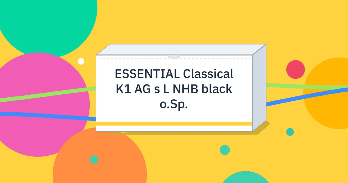 Symbolbild: Packung mit der Aufschrift ESSENTIAL Classical K1 AG s L NHB black o.Sp. (PZN 17004479) – Verfügbarkeit und Bezug in Apotheken in Frankfurt am Main