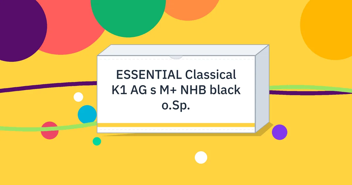 Symbolbild: Packung mit der Aufschrift ESSENTIAL Classical K1 AG s M+ NHB black o.Sp. (PZN 17004522) – Verfügbarkeit und Bezug in Apotheken in Frankfurt am Main