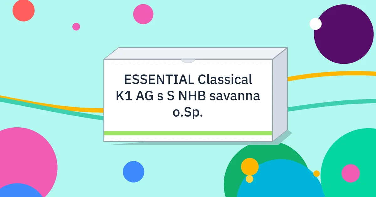 Symbolbild: Packung mit der Aufschrift ESSENTIAL Classical K1 AG s S NHB savanna o.Sp. (PZN 19307959) – Verfügbarkeit und Bezug in Apotheken in Frankfurt am Main