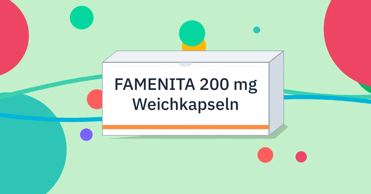 Symbolbild: Packung mit der Aufschrift FAMENITA 200 mg Weichkapseln (PZN 13748243) – Verfügbarkeit und Bezug in Apotheken in Frankfurt am Main