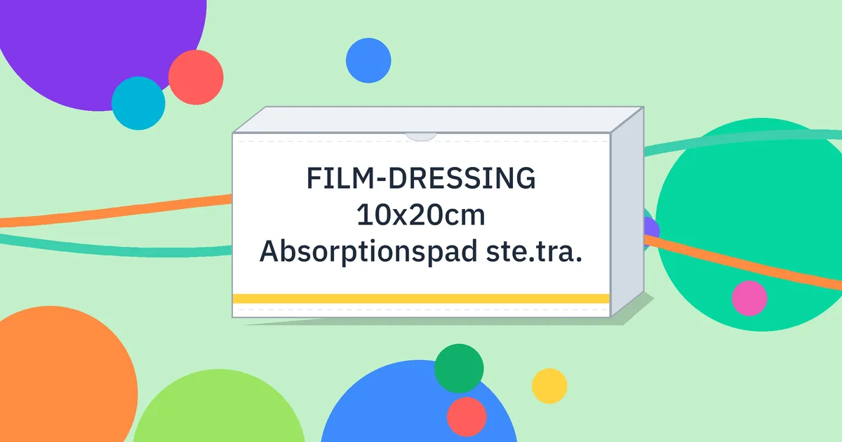 Symbolbild: Packung mit der Aufschrift FILM-DRESSING 10x20cm Absorptionspad ste.tra. (PZN 19508965) – Verfügbarkeit und Bezug in Apotheken in Frankfurt am Main