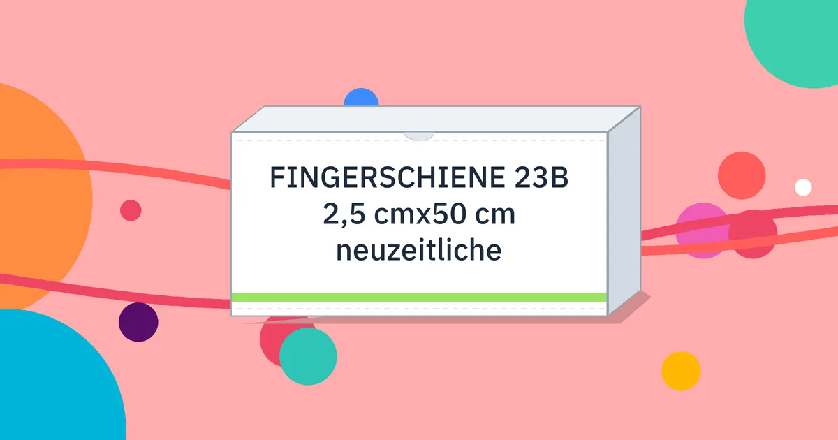 Symbolbild: Packung mit der Aufschrift FINGERSCHIENE 23B 2,5 cmx50 cm neuzeitliche (PZN 12776817) – Verfügbarkeit und Bezug in Apotheken in Frankfurt am Main