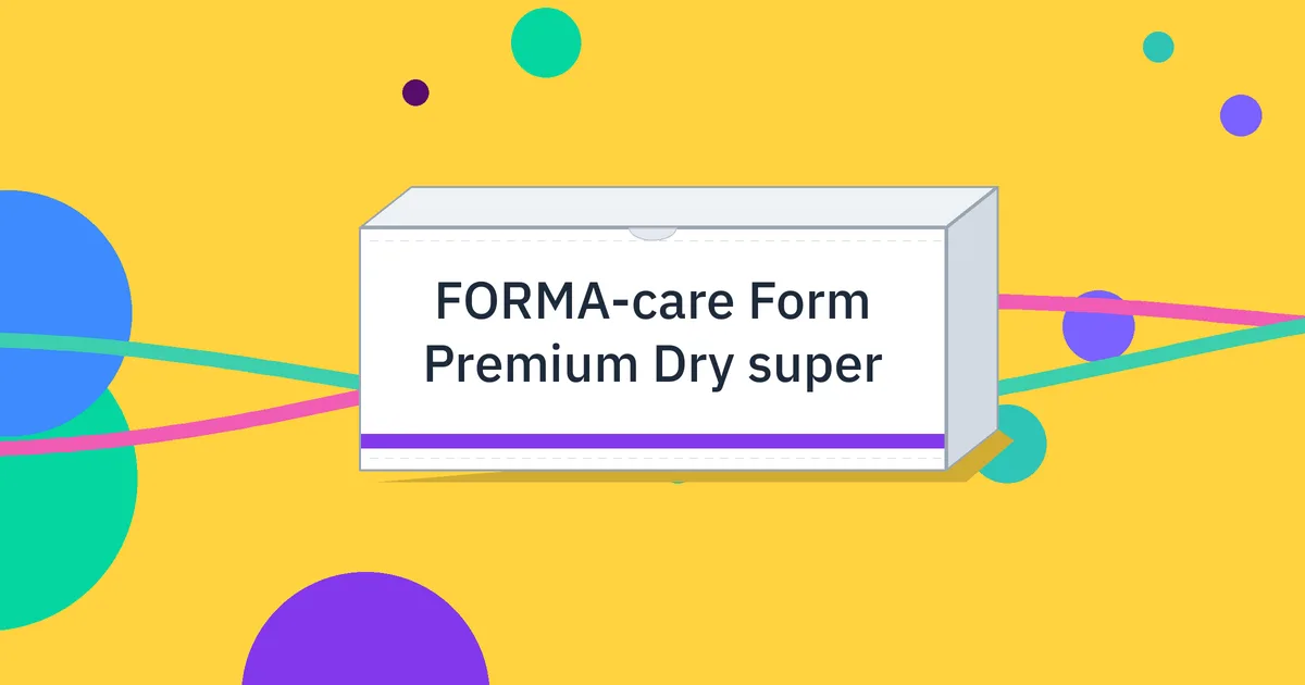 Symbolbild: Packung mit der Aufschrift FORMA-care Form Premium Dry super (PZN 08459666) – Verfügbarkeit und Bezug in Apotheken in Frankfurt am Main