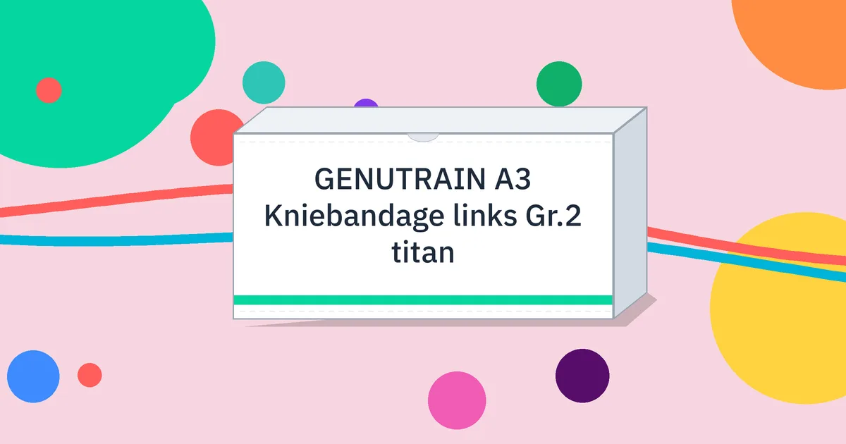 Symbolbild: Packung mit der Aufschrift GENUTRAIN A3 Kniebandage links Gr.2 titan (PZN 01071864) – Verfügbarkeit und Bezug in Apotheken in Frankfurt am Main