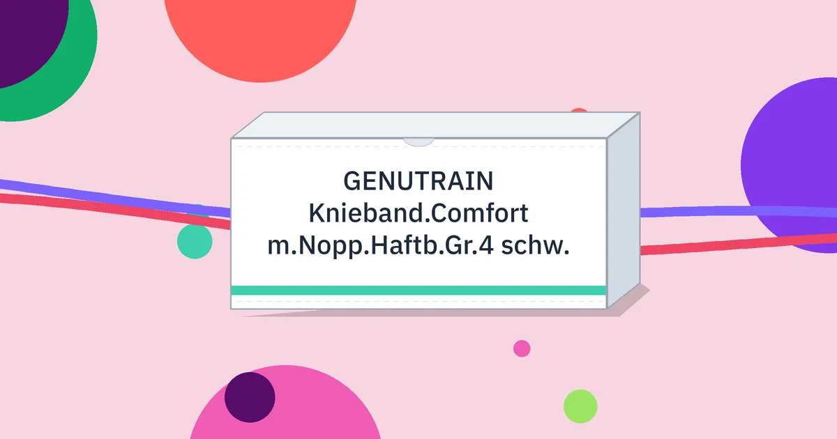 Symbolbild: Packung mit der Aufschrift GENUTRAIN Knieband.Comfort m.Nopp.Haftb.Gr.4 schw. (PZN 20040071) – Verfügbarkeit und Bezug in Apotheken in Frankfurt am Main