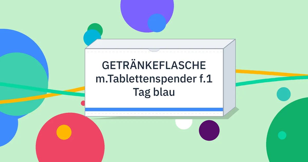 Symbolbild: Packung mit der Aufschrift GETRÄNKEFLASCHE m.Tablettenspender f.1 Tag blau (PZN 17278627) – Verfügbarkeit und Bezug in Apotheken in Frankfurt am Main