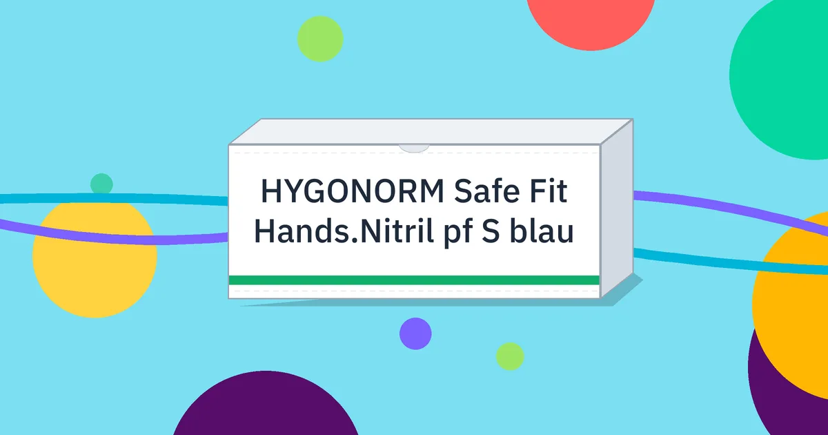 Symbolbild: Packung mit der Aufschrift HYGONORM Safe Fit Hands.Nitril pf S blau (PZN 20773129) – Verfügbarkeit und Bezug in Apotheken in Frankfurt am Main