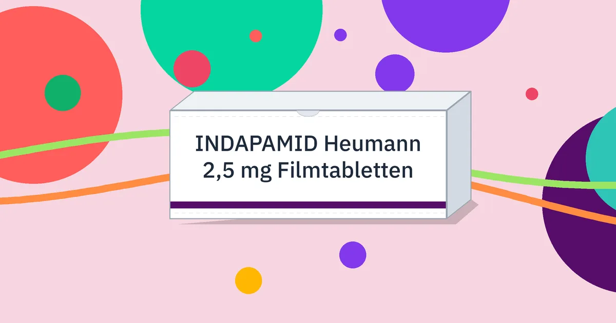 Symbolbild: Packung mit der Aufschrift INDAPAMID Heumann 2,5 mg Filmtabletten (PZN 09240390) – Verfügbarkeit und Bezug in Apotheken in Frankfurt am Main