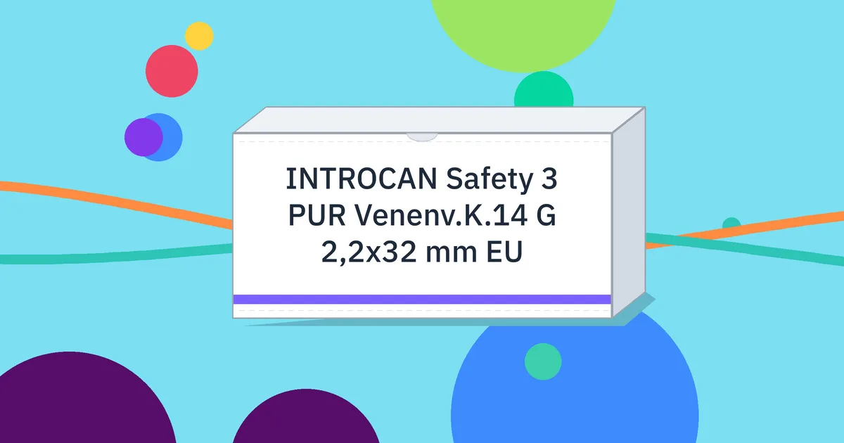 Symbolbild: Packung mit der Aufschrift INTROCAN Safety 3 PUR Venenv.K.14 G 2,2x32 mm EU (PZN 20344954) – Verfügbarkeit und Bezug in Apotheken in Frankfurt am Main