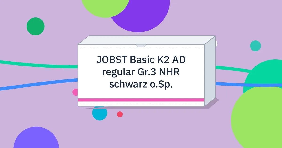 Symbolbild: Packung mit der Aufschrift JOBST Basic K2 AD regular Gr.3 NHR schwarz o.Sp. (PZN 15313070) – Verfügbarkeit und Bezug in Apotheken in Frankfurt am Main