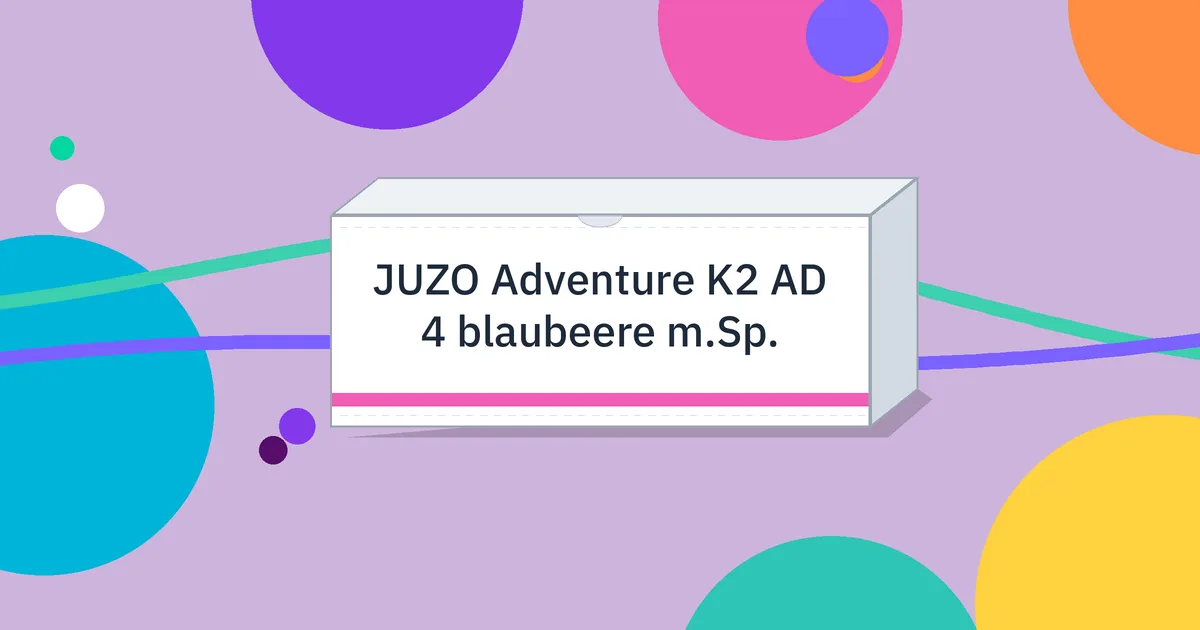 Symbolbild: Packung mit der Aufschrift JUZO Adventure K2 AD 4 blaubeere m.Sp. (PZN 16344799) – Verfügbarkeit und Bezug in Apotheken in Frankfurt am Main