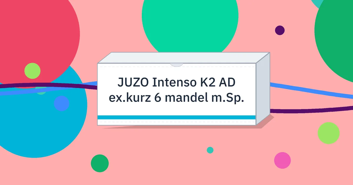 Symbolbild: Packung mit der Aufschrift JUZO Intenso K2 AD ex.kurz 6 mandel m.Sp. (PZN 18608222) – Verfügbarkeit und Bezug in Apotheken in Frankfurt am Main