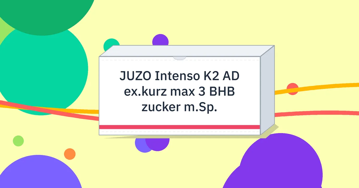 Symbolbild: Packung mit der Aufschrift JUZO Intenso K2 AD ex.kurz max 3 BHB zucker m.Sp. (PZN 18613654) – Verfügbarkeit und Bezug in Apotheken in Frankfurt am Main