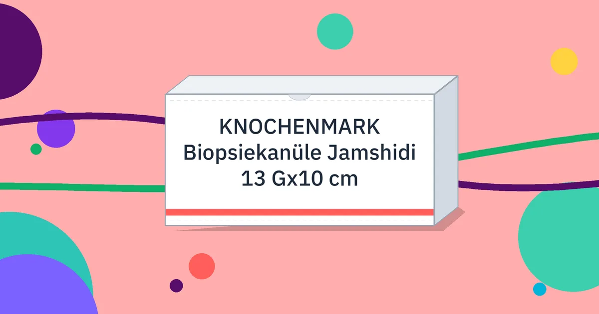 Symbolbild: Packung mit der Aufschrift KNOCHENMARK Biopsiekanüle Jamshidi 13 Gx10 cm (PZN 07099711) – Verfügbarkeit und Bezug in Apotheken in Frankfurt am Main