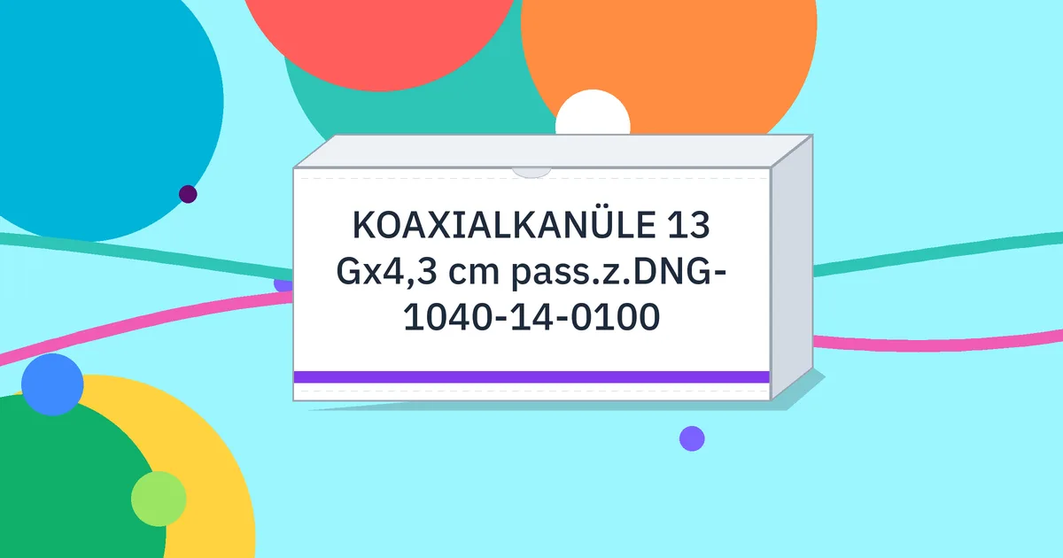 Symbolbild: Packung mit der Aufschrift KOAXIALKANÜLE 13 Gx4,3 cm pass.z.DNG-1040-14-0100 (PZN 18812359) – Verfügbarkeit und Bezug in Apotheken in Frankfurt am Main