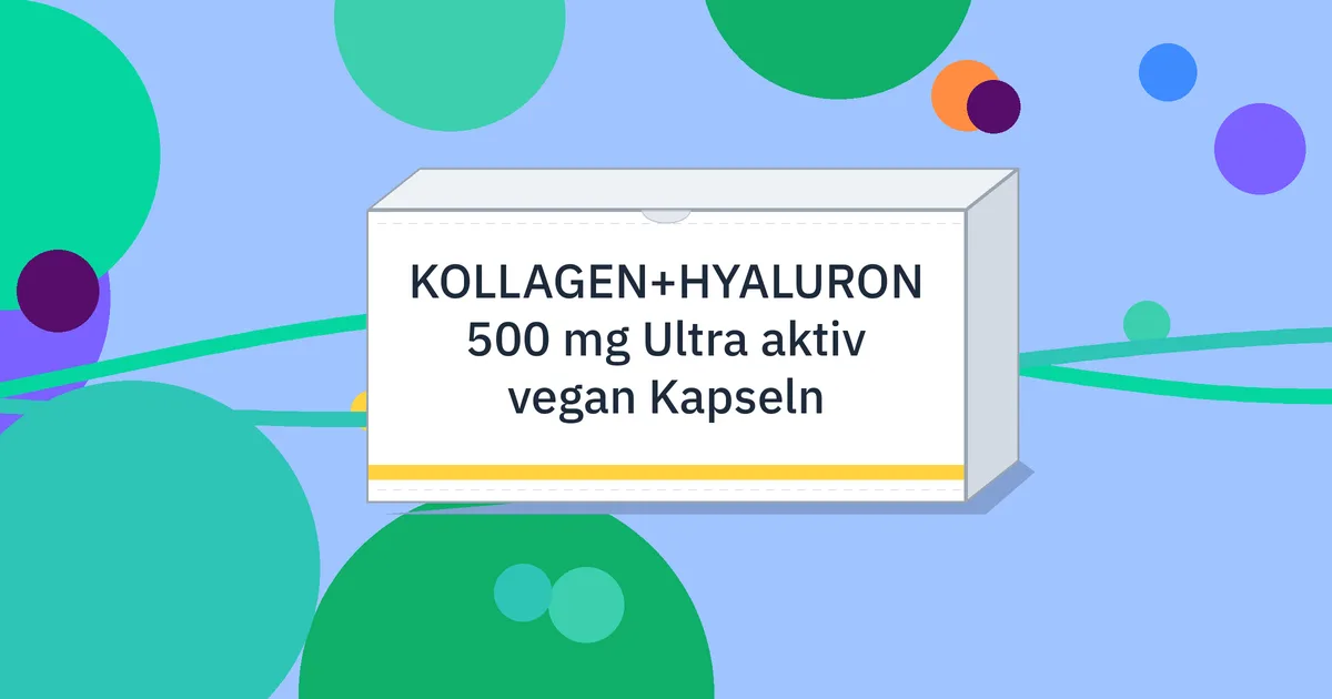 Symbolbild: Packung mit der Aufschrift KOLLAGEN+HYALURON 500 mg Ultra aktiv vegan Kapseln (PZN 20927058) – Verfügbarkeit und Bezug in Apotheken in Frankfurt am Main