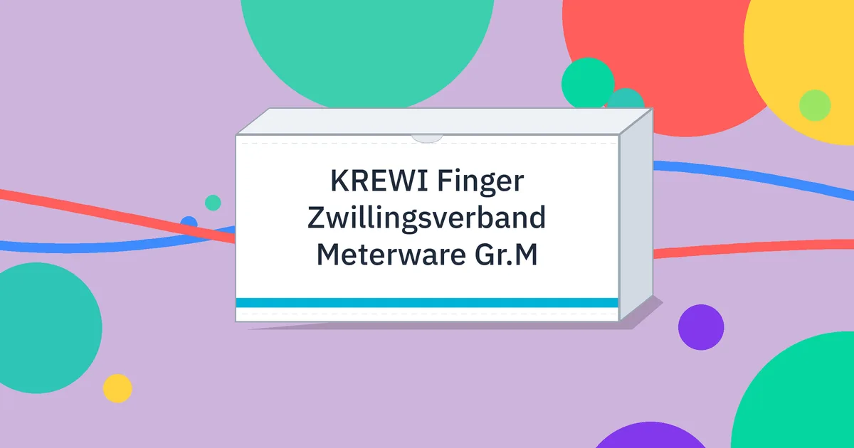 Symbolbild: Packung mit der Aufschrift KREWI Finger Zwillingsverband Meterware Gr.M (PZN 06473509) – Verfügbarkeit und Bezug in Apotheken in Frankfurt am Main