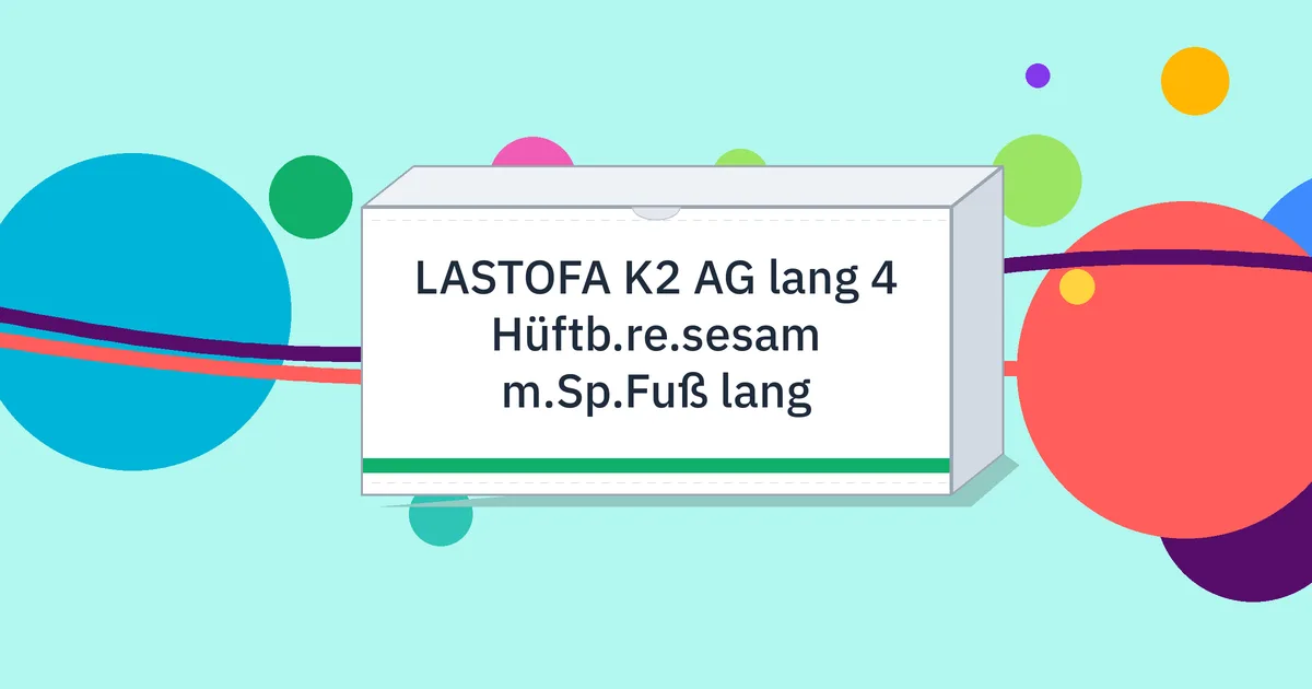 Symbolbild: Packung mit der Aufschrift LASTOFA K2 AG lang 4 Hüftb.re.sesam m.Sp.Fuß lang (PZN 13811668) – Verfügbarkeit und Bezug in Apotheken in Frankfurt am Main