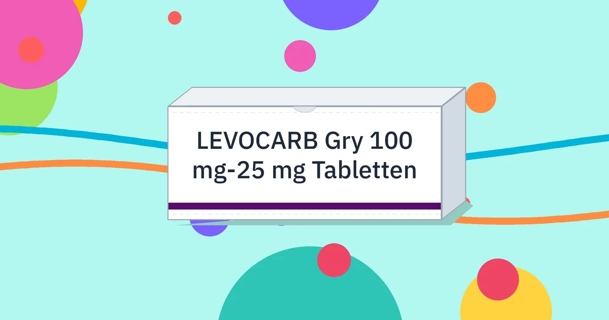 Symbolbild: Packung mit der Aufschrift LEVOCARB Gry 100 mg-25 mg Tabletten (PZN 08789820) – Verfügbarkeit und Bezug in Apotheken in Frankfurt am Main