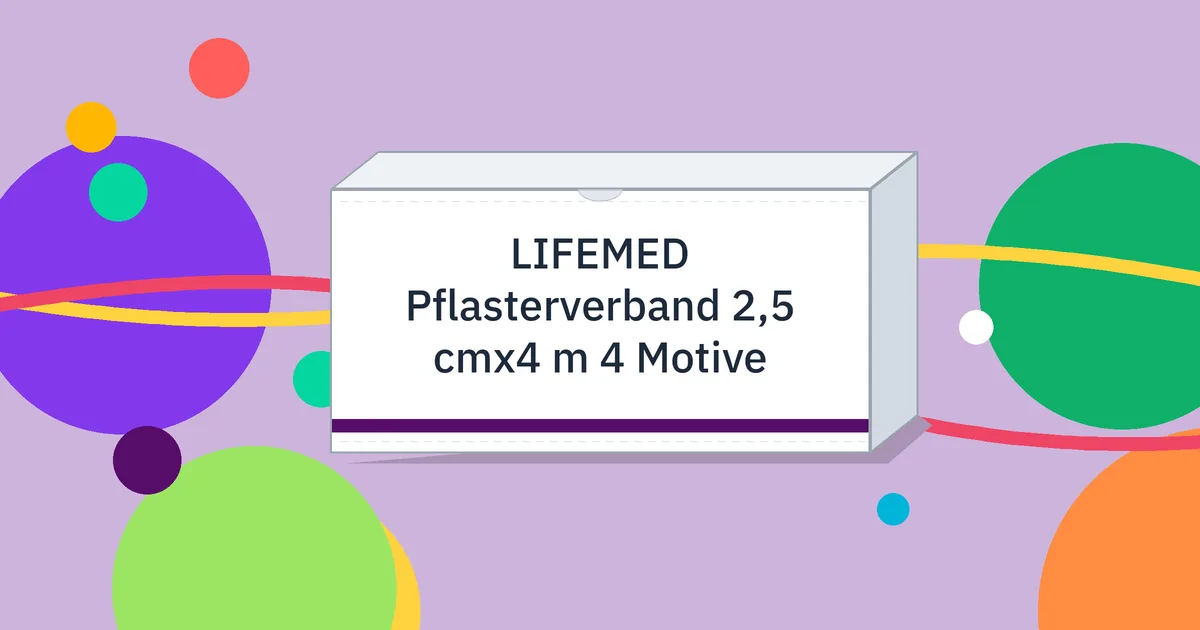 Symbolbild: Packung mit der Aufschrift LIFEMED Pflasterverband 2,5 cmx4 m 4 Motive (PZN 19207927) – Verfügbarkeit und Bezug in Apotheken in Frankfurt am Main