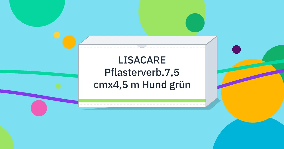 Symbolbild: Packung mit der Aufschrift LISACARE Pflasterverb.7,5 cmx4,5 m Hund grün (PZN 17892793) – Verfügbarkeit und Bezug in Apotheken in Frankfurt am Main