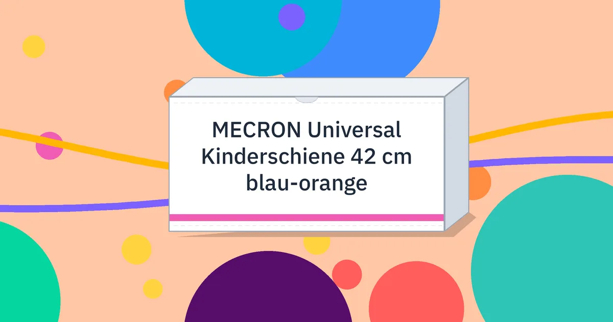 Symbolbild: Packung mit der Aufschrift MECRON Universal Kinderschiene 42 cm blau-orange (PZN 02907709) – Verfügbarkeit und Bezug in Apotheken in Frankfurt am Main