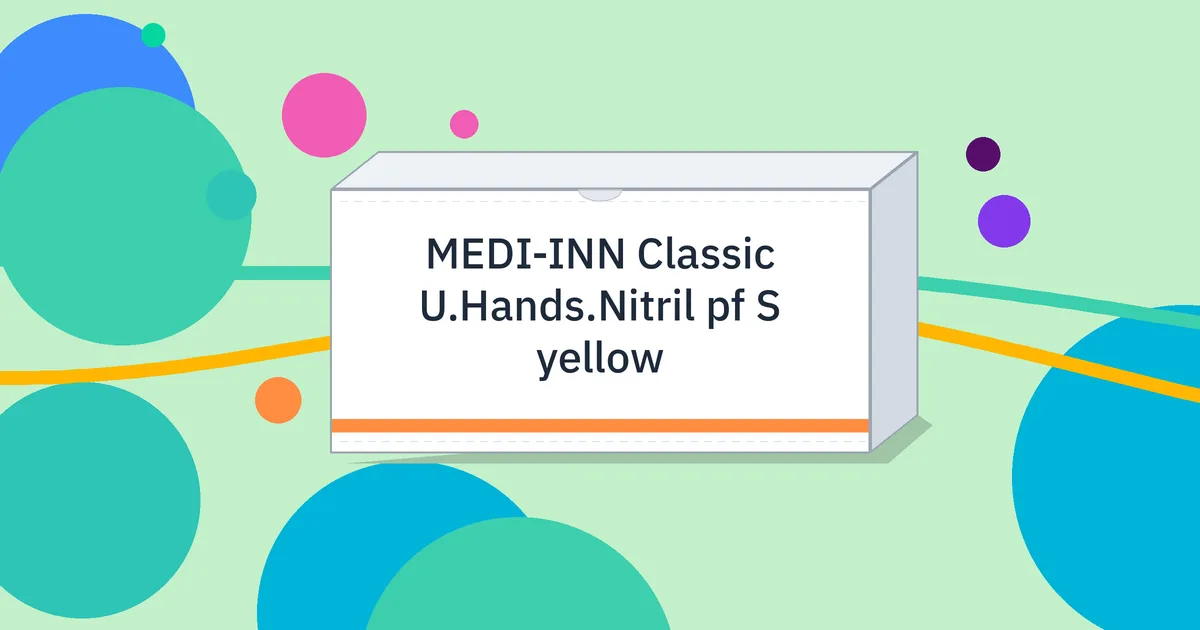 Symbolbild: Packung mit der Aufschrift MEDI-INN Classic U.Hands.Nitril pf S yellow (PZN 18445470) – Verfügbarkeit und Bezug in Apotheken in Frankfurt am Main